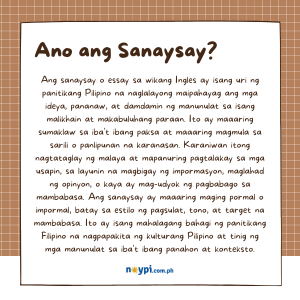 SANAYSAY: Ano ang Sanaysay, Paano Gumawa, Mga Halimbawa, Uri, Atbp. • Noypi.com.ph